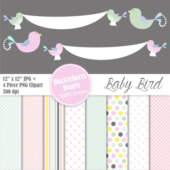 HuckleberryHearts | Baby Bird Paper, Digital Bird Paper, Bird Clipart ...